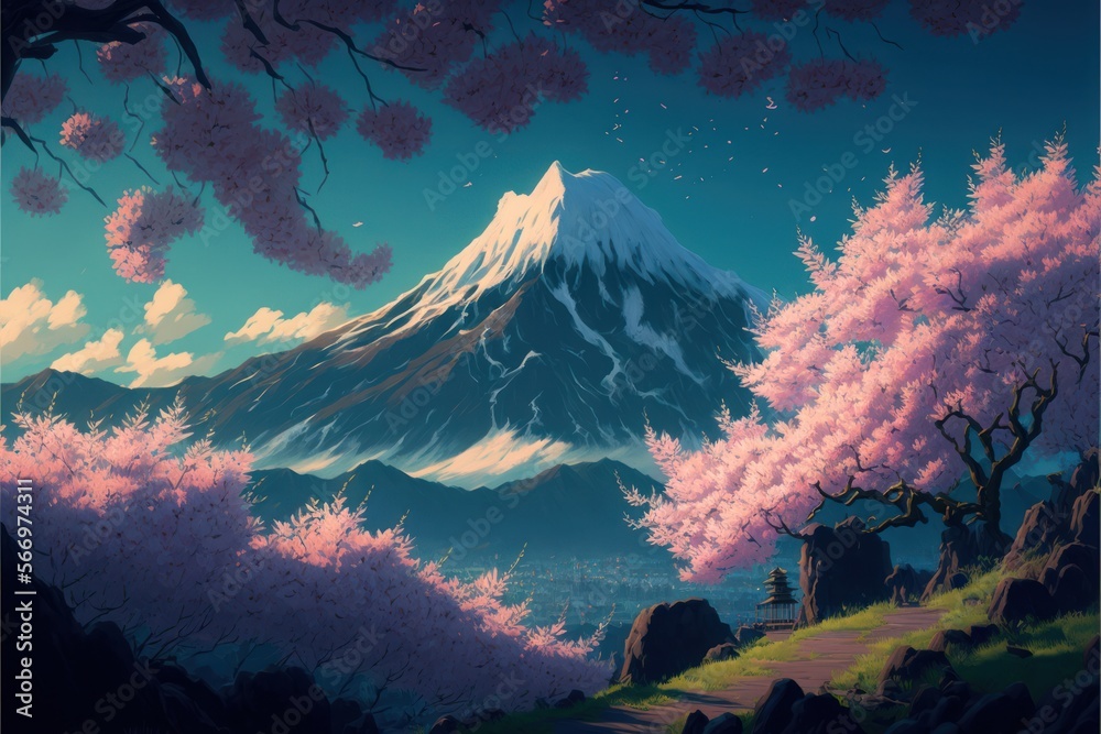 Japanese Snow-capped Mountain with Cherry Blossoms in Anime Style ...