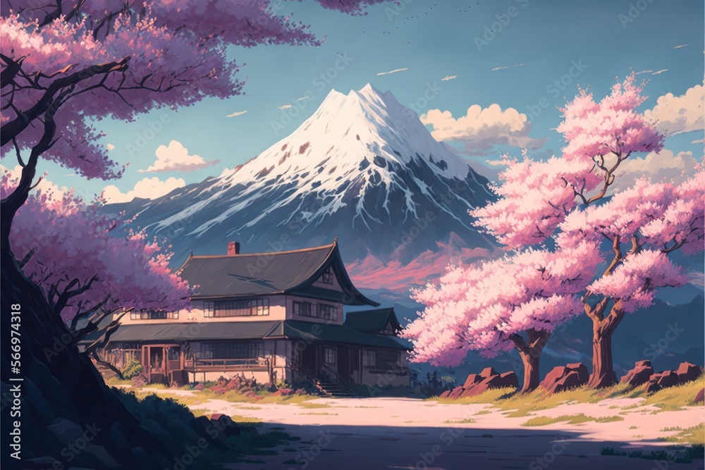 Japanese Snow-capped Mountain with Cherry Blossoms in Anime Style ...