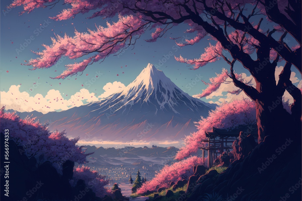 Japanese Snow-capped Mountain with Cherry Blossoms in Anime Style ...