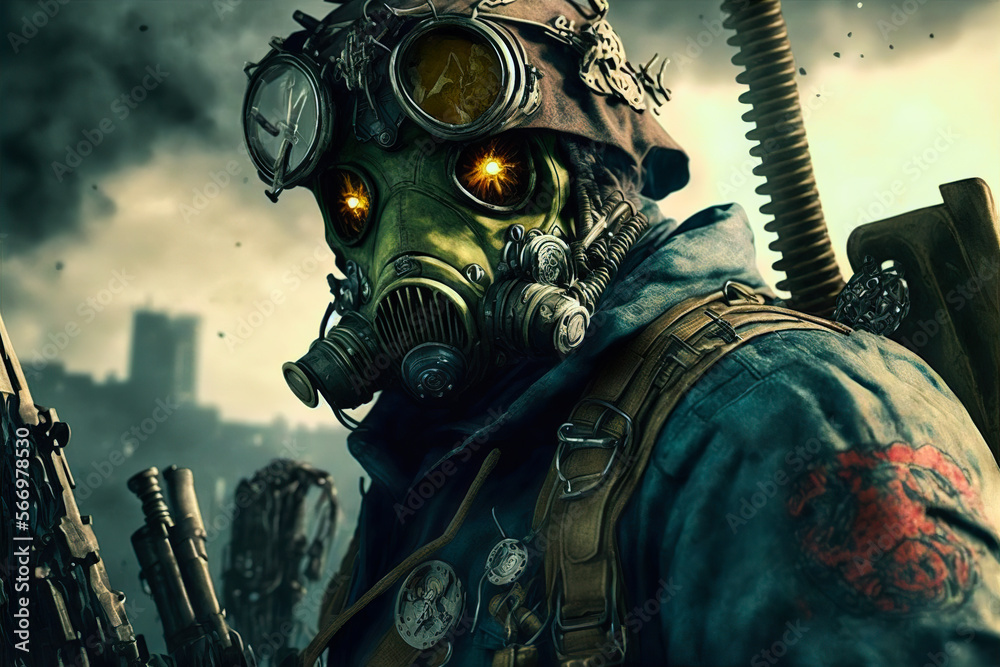 dieselpunk soldier wearing a gas mask with polluted air background ...