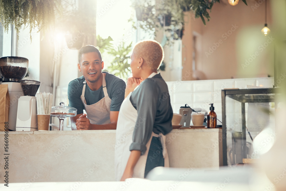 Coffee shop, barista and team with small business and entrepreneur ...