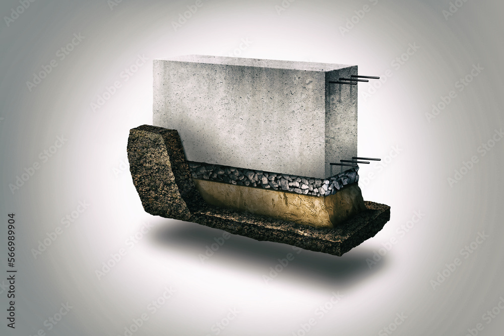 Cutaway building foundation scheme isolated. Reinforced concrete under ...