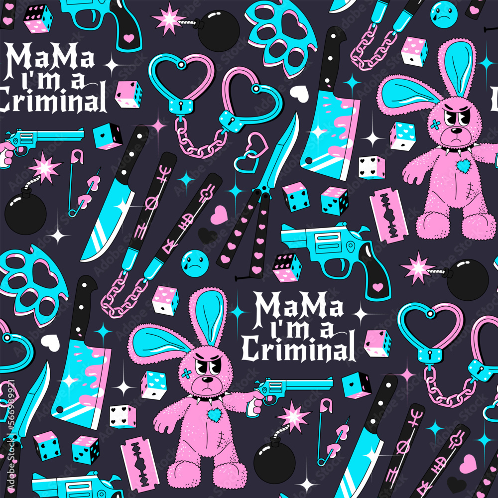 Y2k, 90s neon seamless pattern. Funny gangster rabbit with gun and ...
