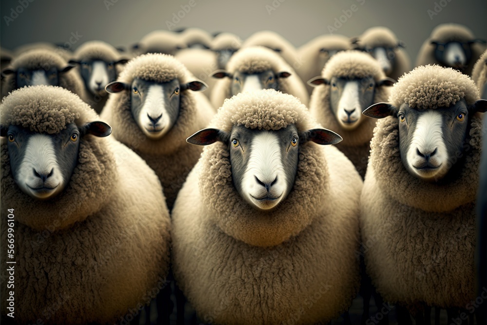 A flock of white sheep looks at the screen, cool high resolution ...