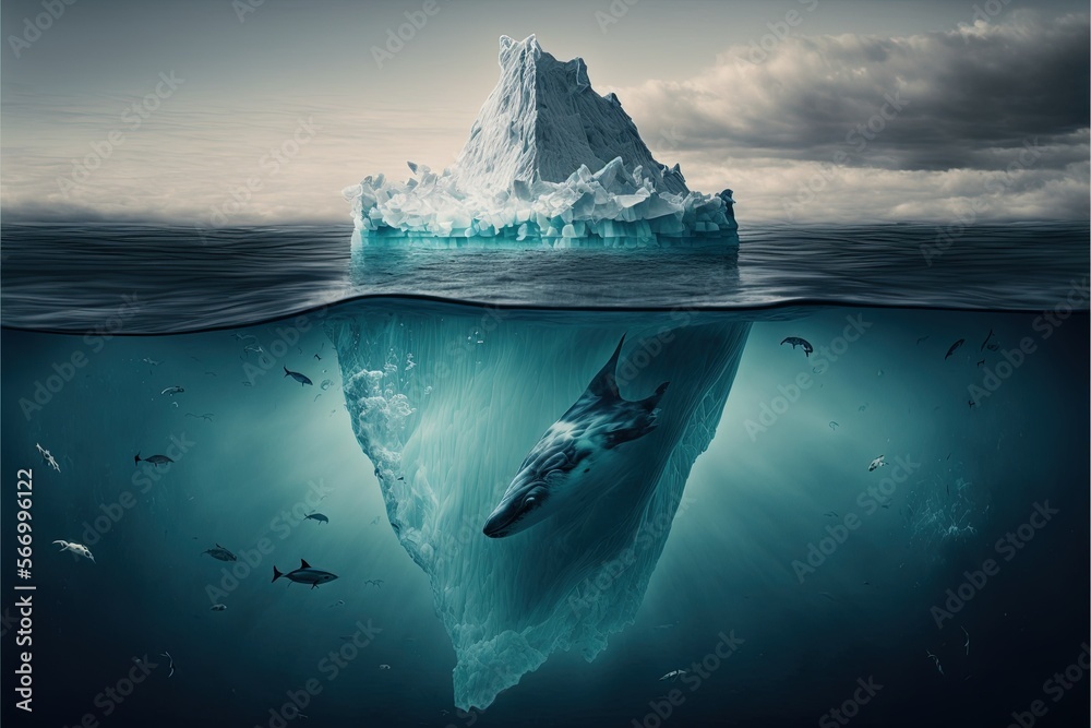 Blue ocean with huge asberg, underwater world, fauna, uncharted ocean ...