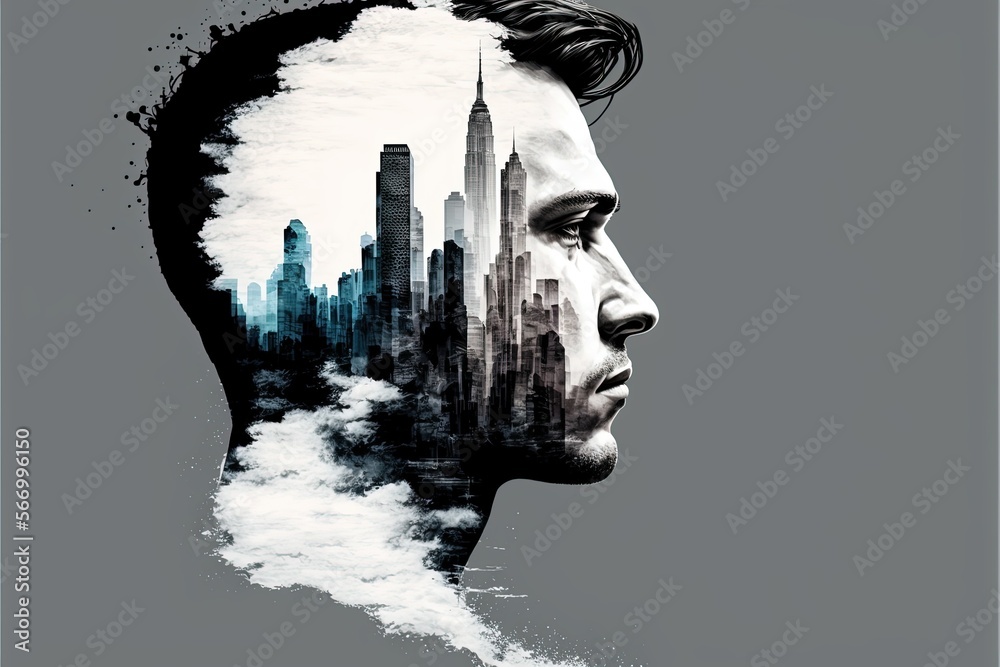 Stylish illustration in high resolution, man in profile, metropolis ...
