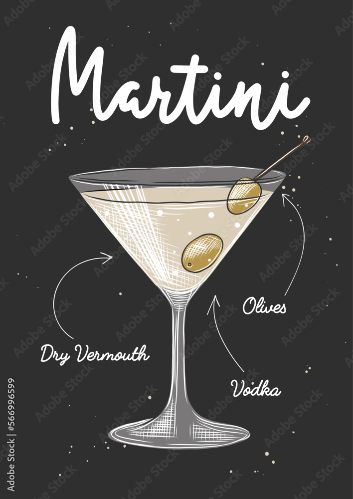 Vector engraved style Martini cocktail illustration for posters ...