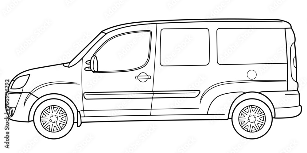 Classic minivan car for big family. Side view shot. Outline doodle ...