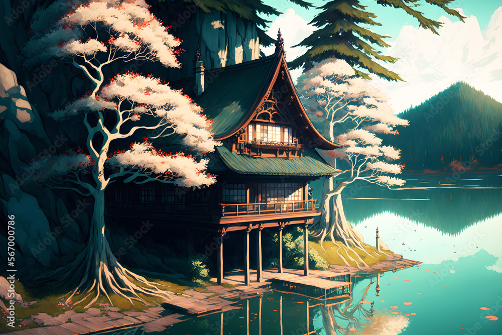 Traditional Japanese Waterfront House with Serene Garden in Anime ...