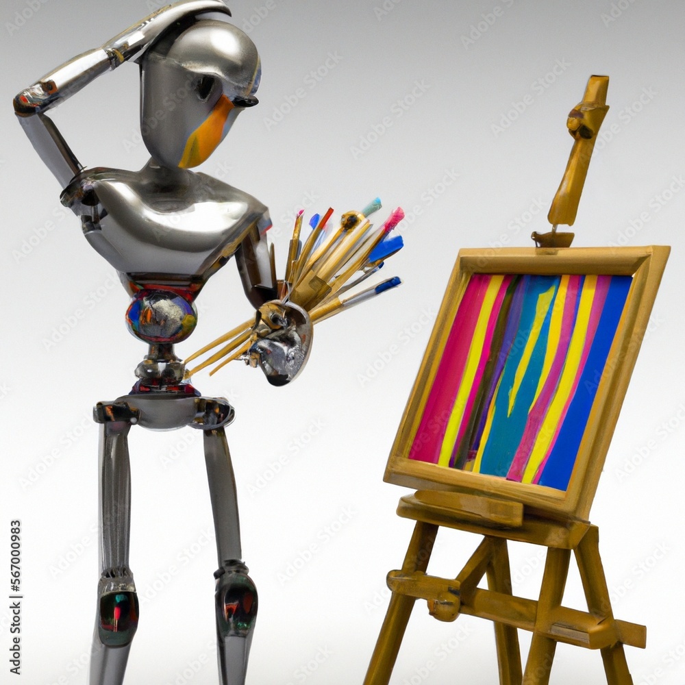 Robot holding paintbrush set and standing next to canvas. Technology ...