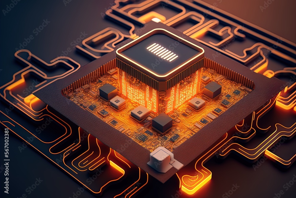 Conceptual Microchip Symbol for the Internet. Flashing neon orange On a ...