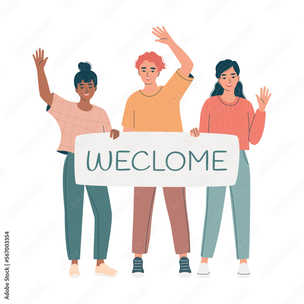 Three friendly young people with hands raised in greeting gesture ...