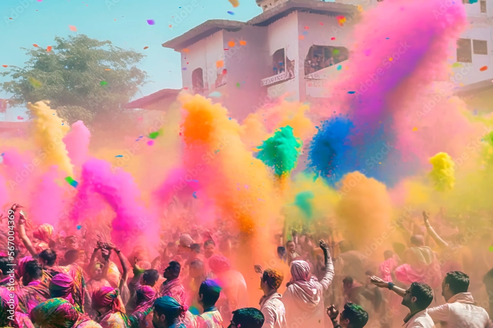 People celebrating the Holi oldest holiday, folk festival of colors in ...
