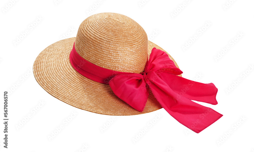 Pretty straw hat with ribbon and bow on white background. Beach hat top ...