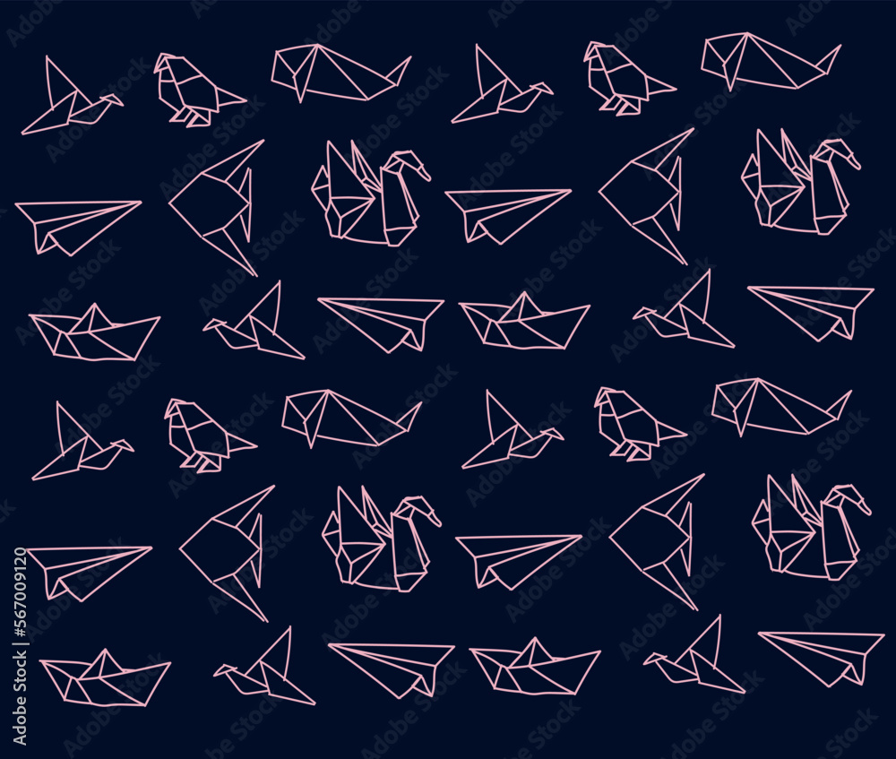 Origami Bird pattern Sketch vector. Japanese art origami, hand drawing ...