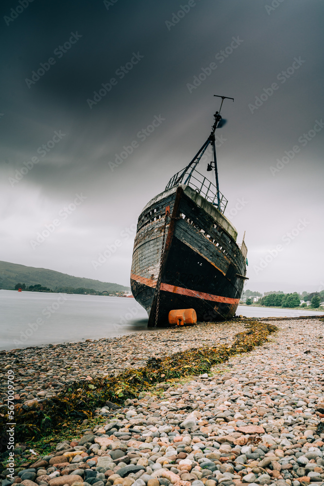 The Old Boat of Caol at Corpach, Ben Nevis. The shipwreck, MV Dayspring ...