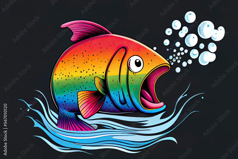 cartoon of a bored fish yawning with a rainbow coming out of it's mouth ...