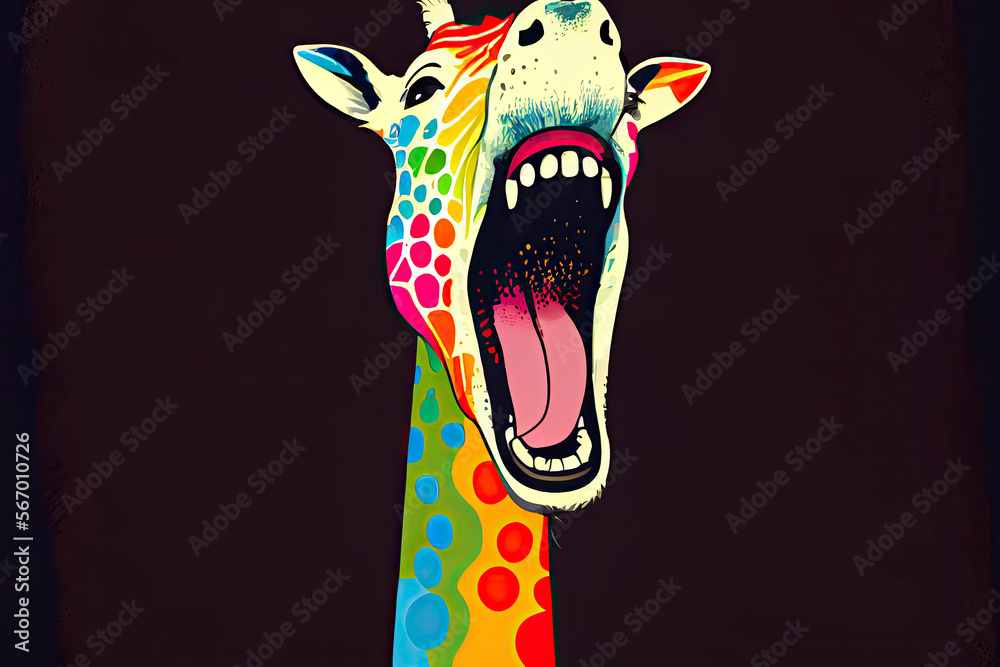 cartoon of a bored giraffe yawning with a rainbow coming out of it's ...