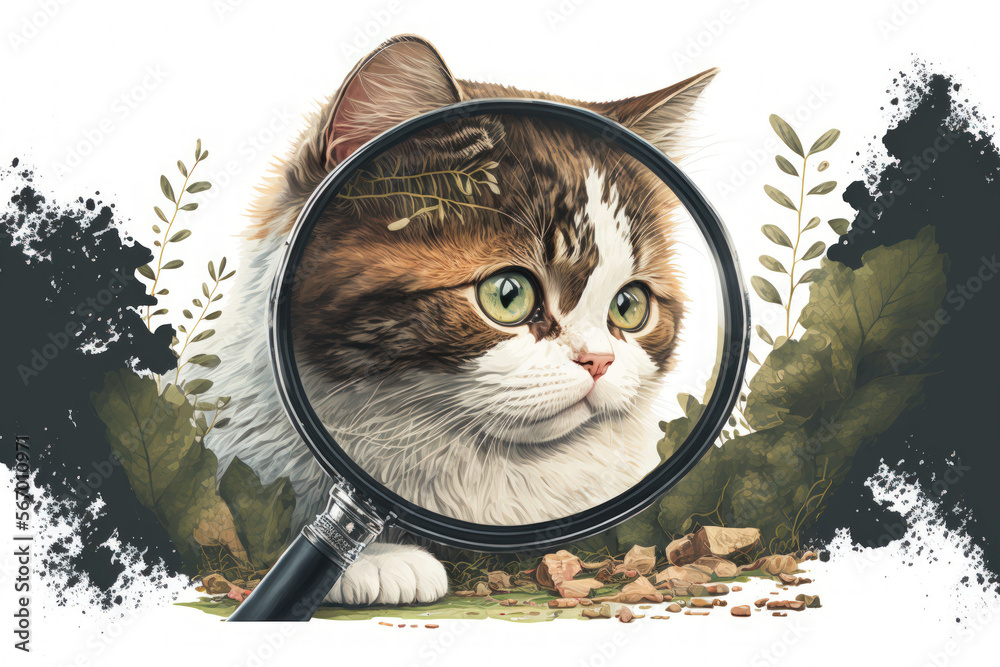 On a white background, a cute, inquisitive cat in a Scottish straight ...