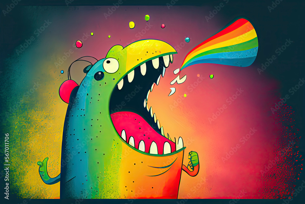 cartoon of a bored monster yawning with a rainbow coming out of it's ...
