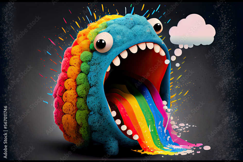 cartoon of a bored monster yawning with a rainbow coming out of it's ...