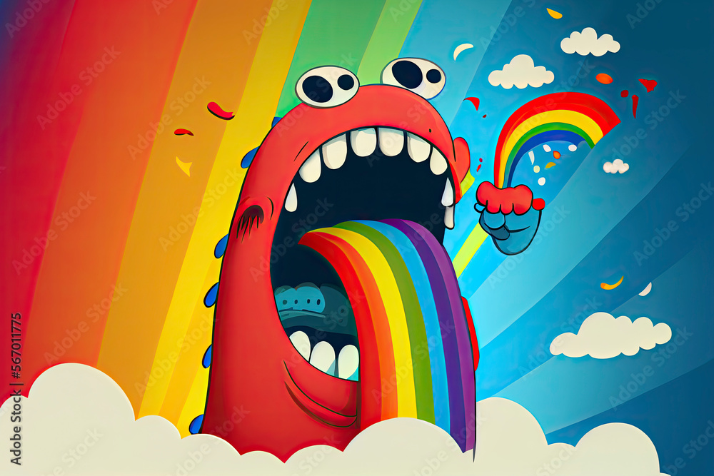 cartoon of a bored monster yawning with a rainbow coming out of it's ...