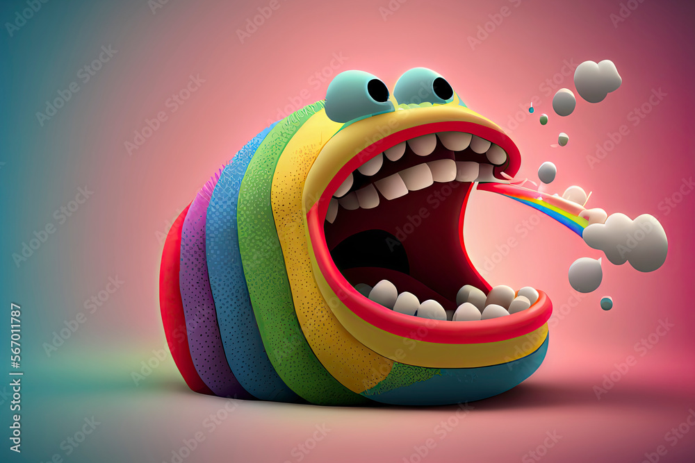 cartoon of a bored monster yawning with a rainbow coming out of it's ...