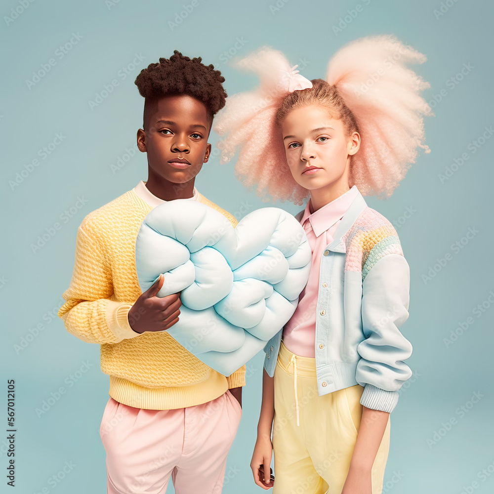 Fashionable kids couple in love. The old fashioned, retro way of loving ...