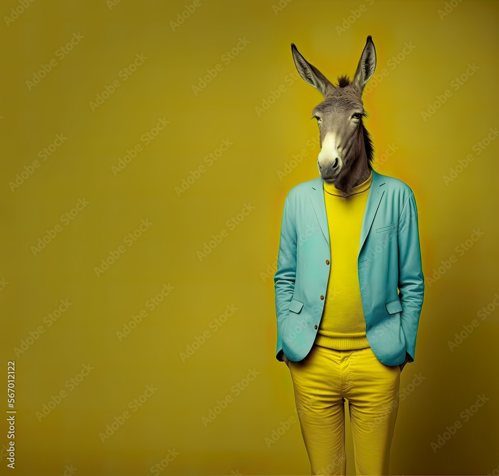 Abstract funny animal portrait of a donkey dressed as a man, a ...