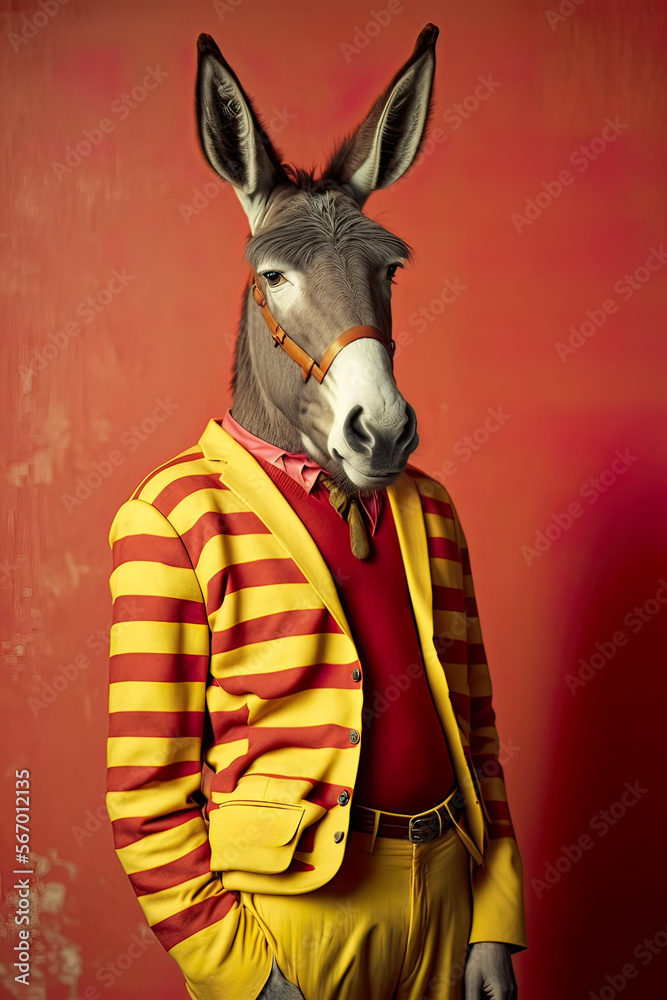 Abstract funny animal portrait of a donkey dressed as a man, a ...