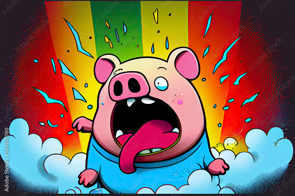 cartoon of a bored pig yawning with a rainbow coming out of it's mouth ...