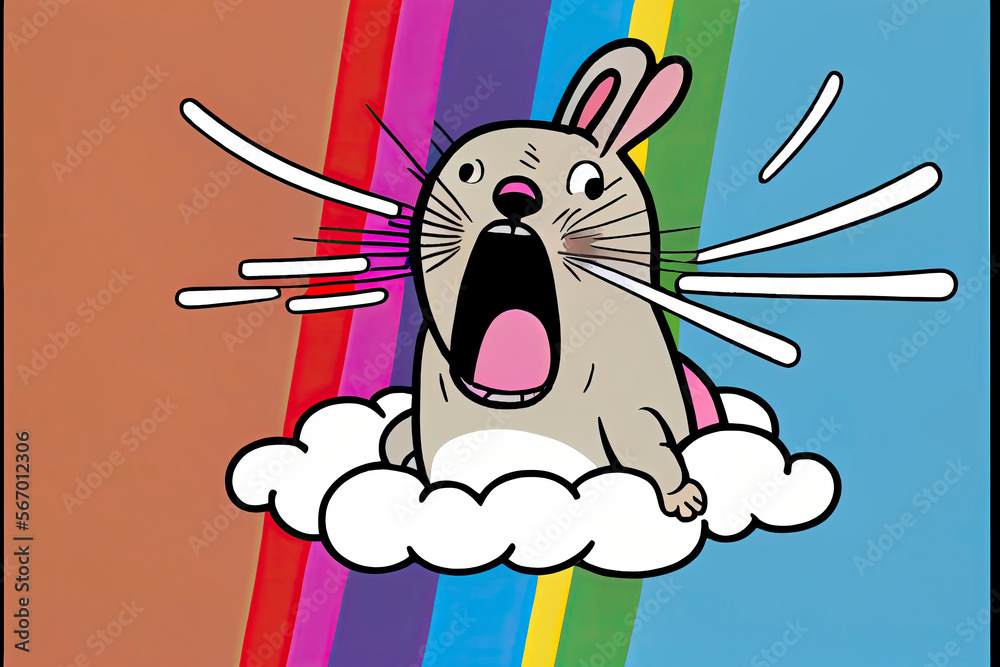 cartoon of a bored rabbit yawning with a rainbow coming out of it's ...