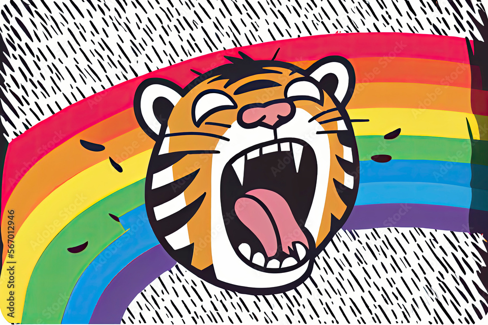 cartoon of a bored tiger yawning with a rainbow coming out of it's ...