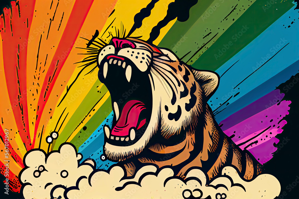 cartoon of a bored tiger yawning with a rainbow coming out of it's ...
