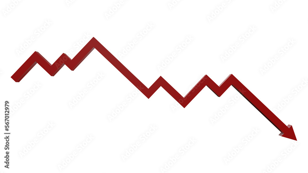 Red downtrend graph arrow 3D model isolated with lighting on ...