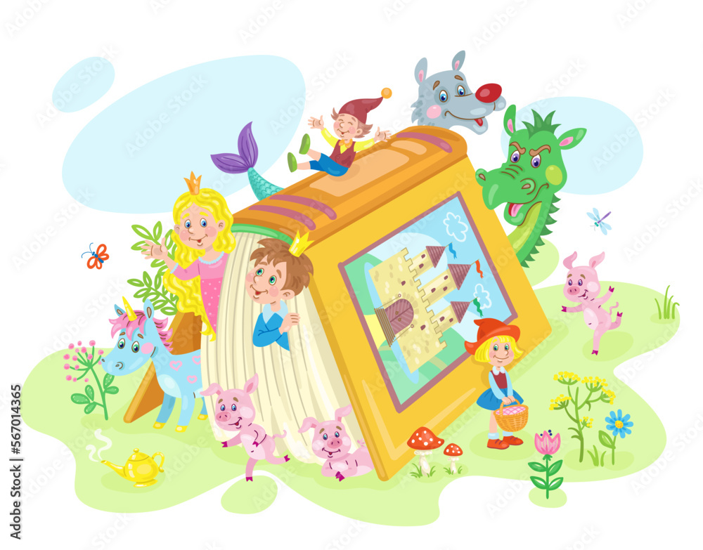 Magical book of fairy tales with its funny characters. In cartoon style ...
