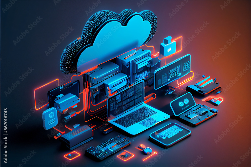 Cloud technology, computing. Devices connected to digital storage in ...
