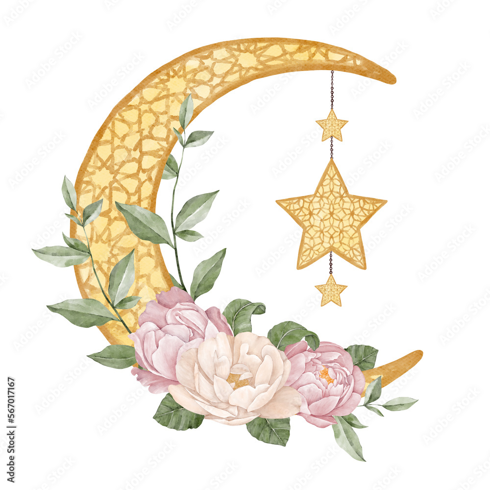 Ramadan Floral Moon With Islamic Star. Spring flowers. Rose. Peony ...