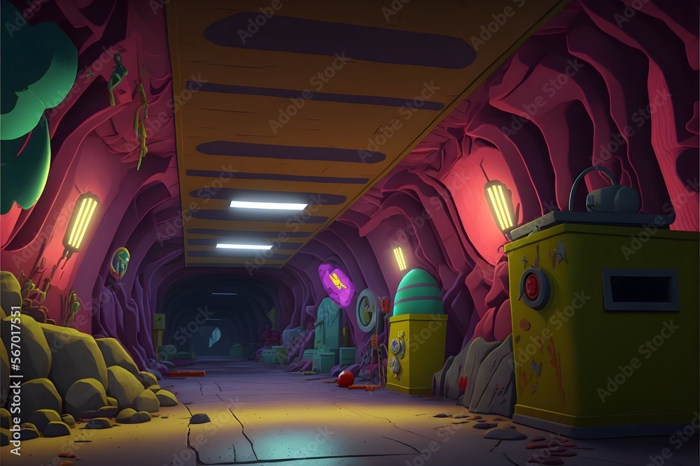 2d cartoon establishing shot of an underground bunker colorful ...
