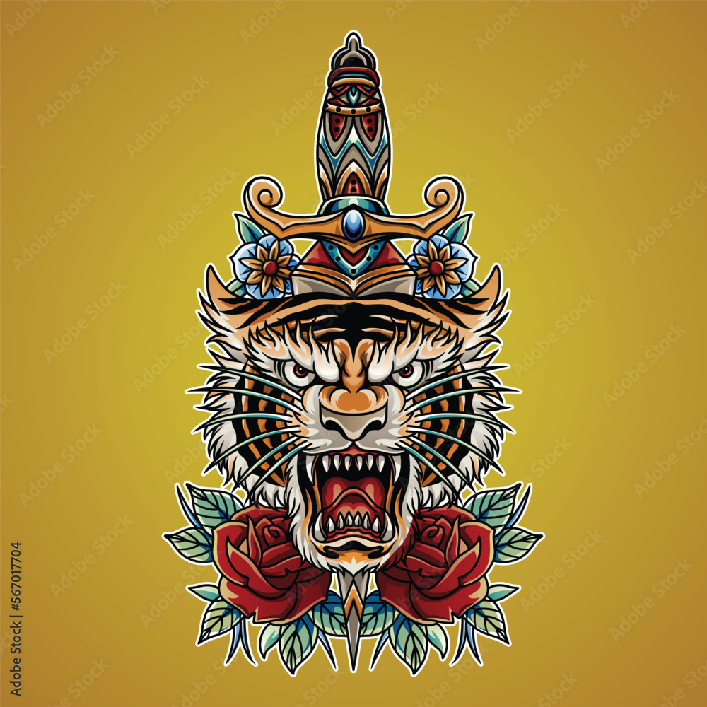 Dagger Tiger Tattoo Illustration Stock Vector | Adobe Stock