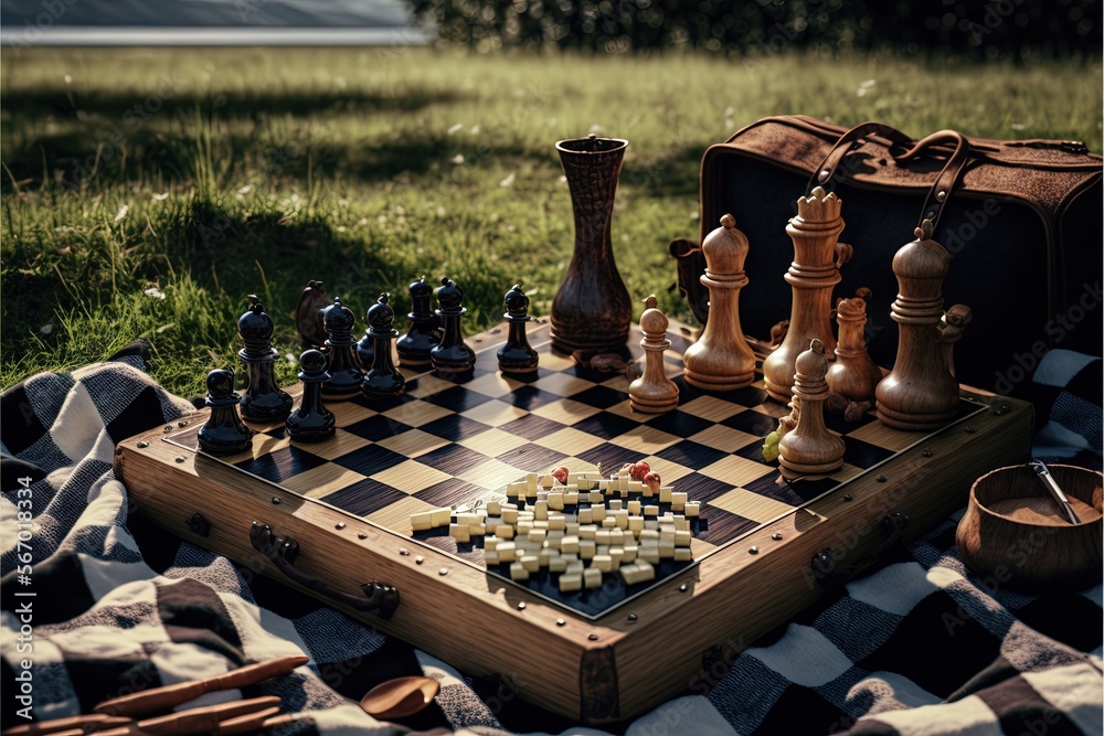 a chess board and pieces of chess on a blanket in the grass with a bag ...
