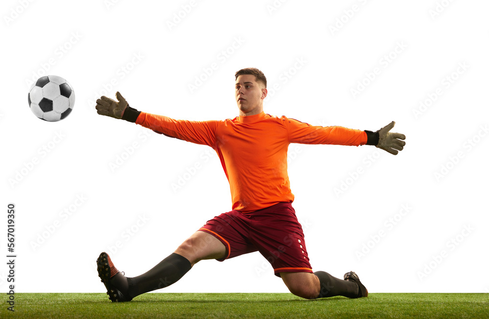 Professional soccer football goalkeeper in action, motion isolated over ...