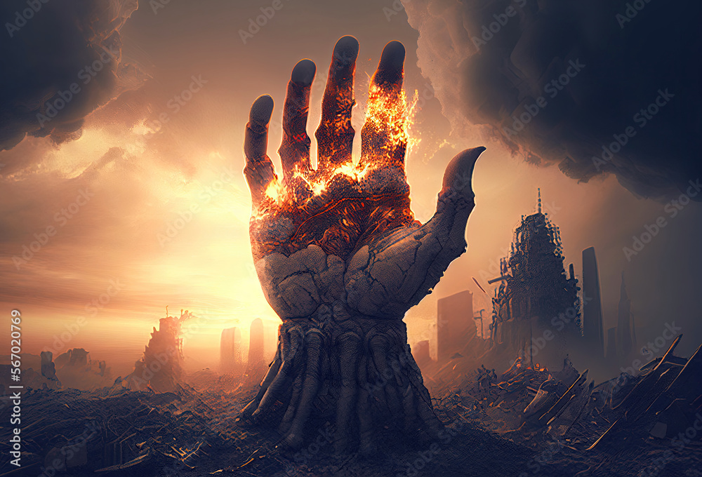 Man's hand on fire. Apocalypse. End of the world. Clouds of smoke and ...
