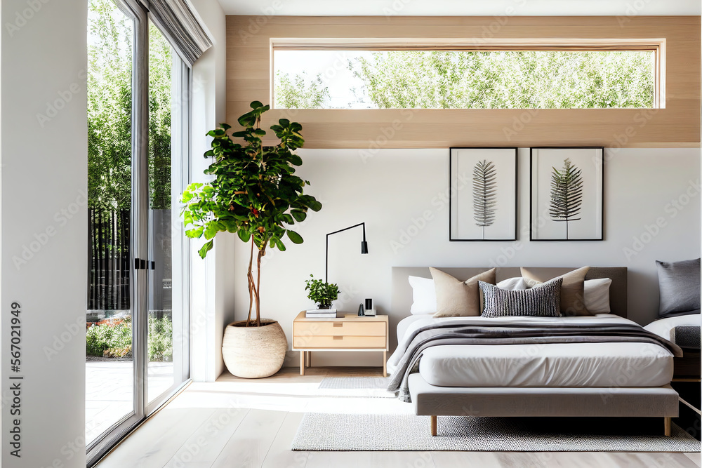 Illustration of modern bedroom with big french windows, created with ...