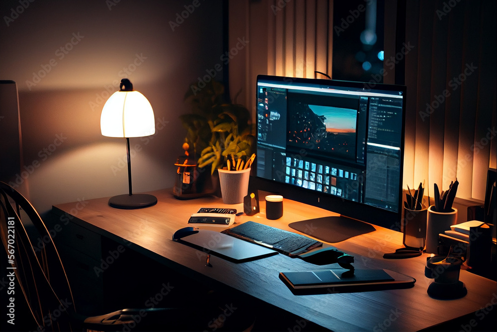 Modern office workspace at night with low light from table lamp ...