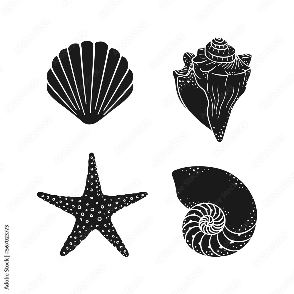 Seashell and starfish silhouette vector illustration. Aquatic marine ...