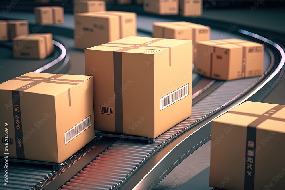 Cardboard boxes moving down a conveyor belt in a warehouse, one of three conveyors depicting a ...