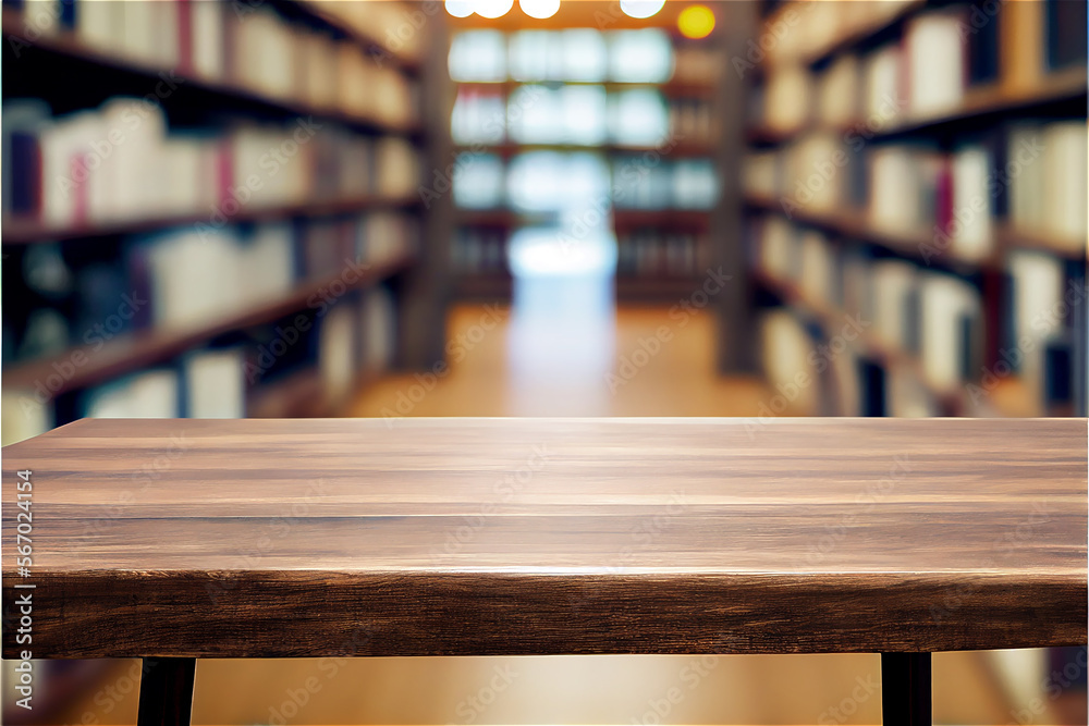 library background with an empty wooden table top and a blurry effect ...