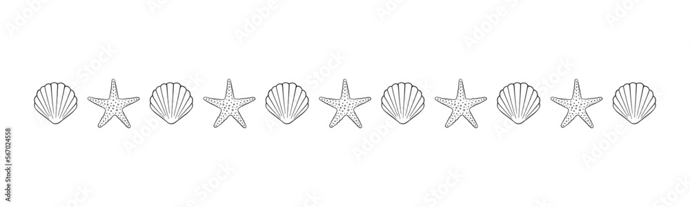 Seashell and starfish outline border divider. Sea and ocean design ...