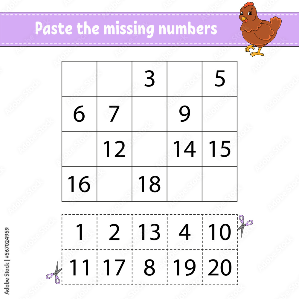 Paste the missing numbers 1-20. Game for children. Handwriting practice ...